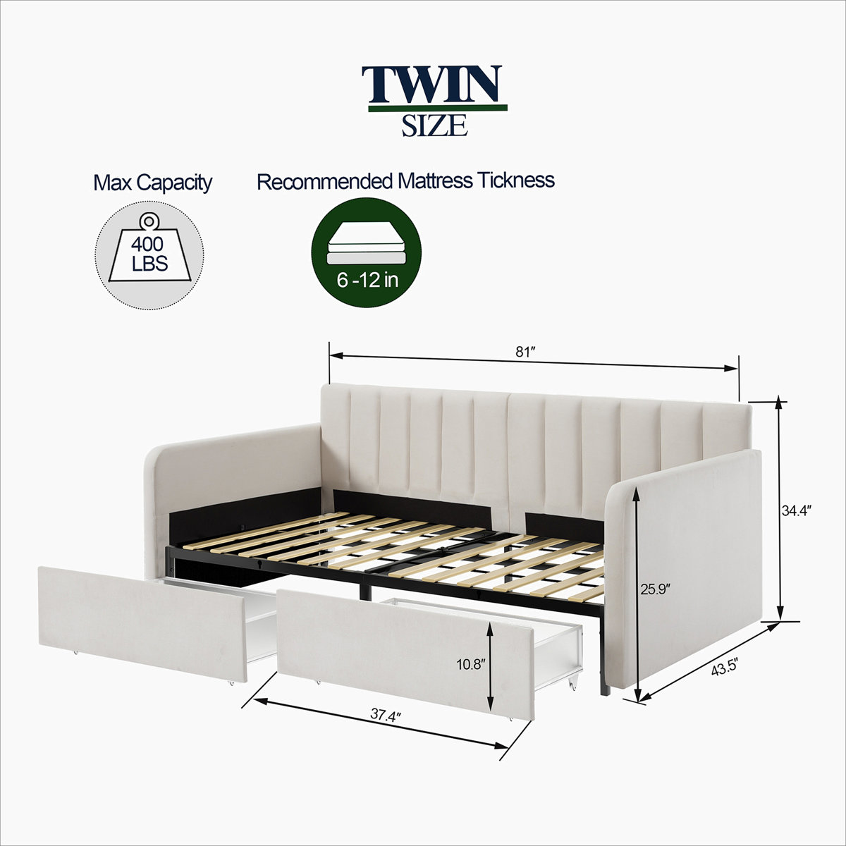 Mercer41 Aizzaddin Upholstered Daybed with 2 Drawers, Twin, Ivory Velvet, Ribbed Tufted Backrest ...